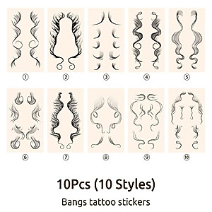 Onpep 10Pcs Baby Hair Tattoo Stickers 10 Styles Temporary Bangs Tattoos Edges DIY Hairstyling Hair Tattooing Template Curly Hair Stickers Waterproof Lasting Makeup Tool for Women