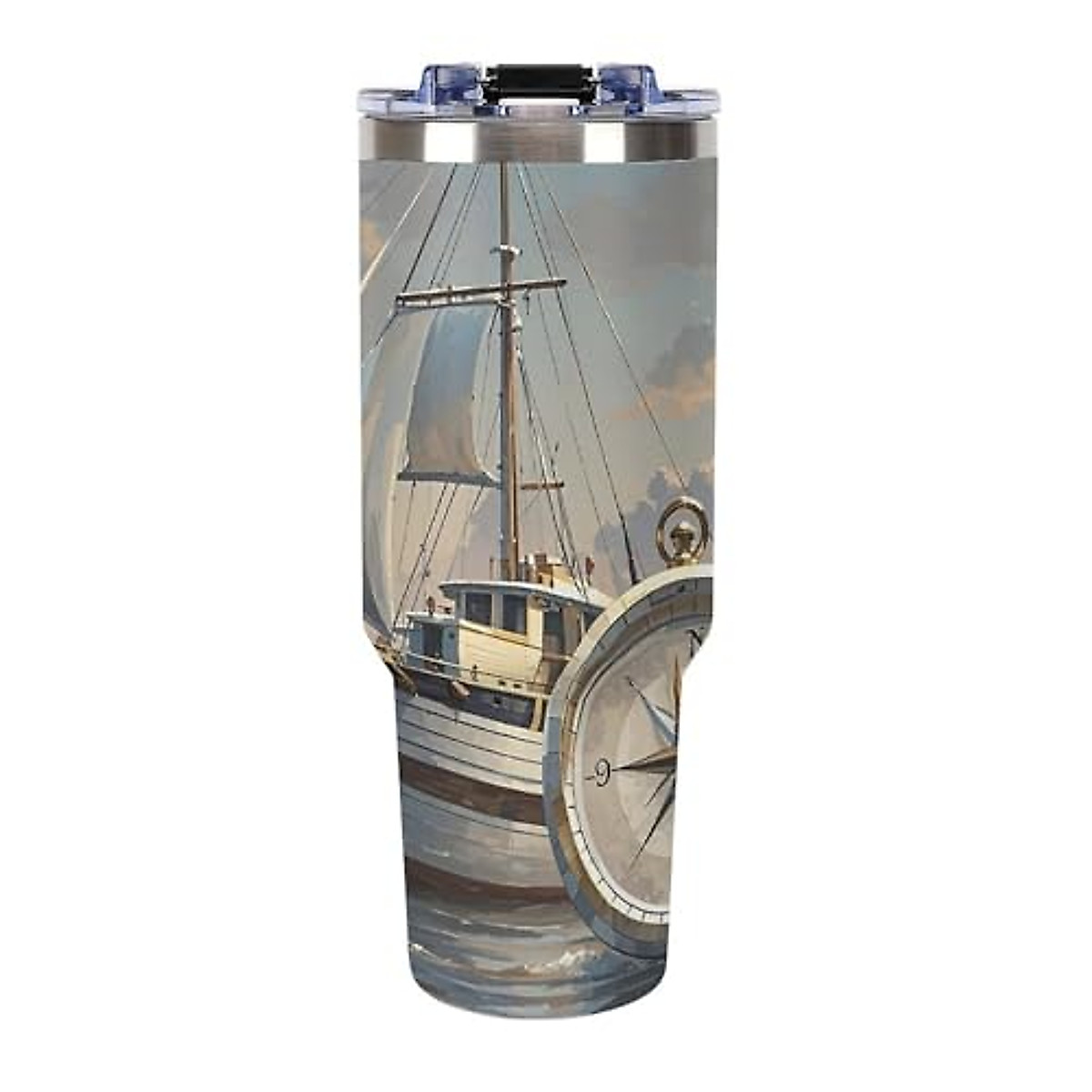 LLUTSNTH 40 Oz Vacuum Tumbler with White Handle Leakproof Insulated Tumbler Ship And Compass Stainless Steel Travel Mug with Lid And Straw Coffee Cup Cute Water Bottles Cup Holder Friendly