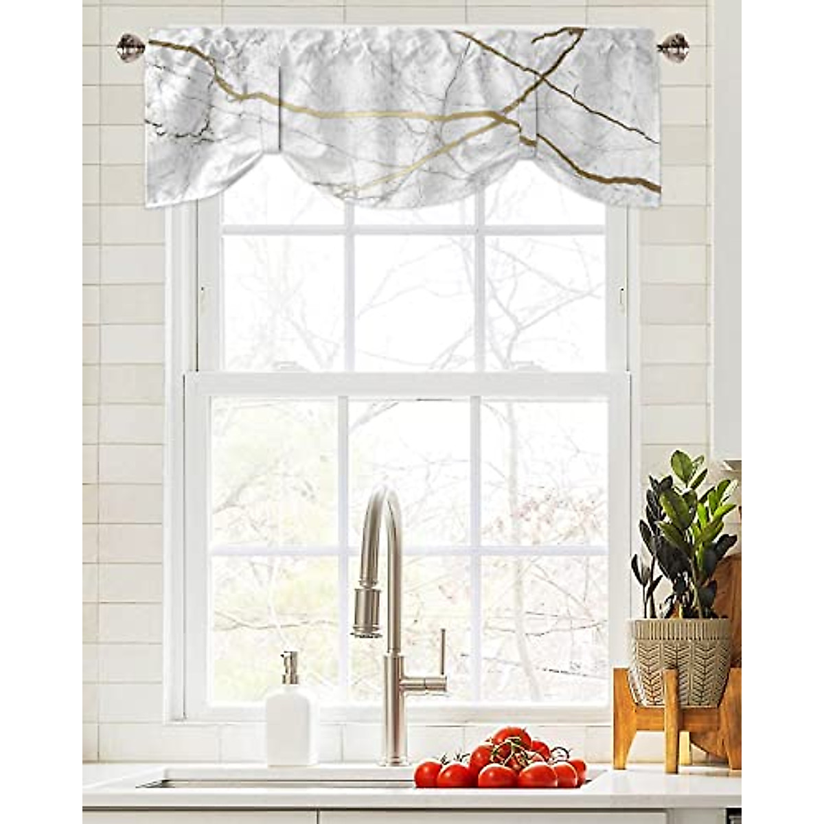 Yun Nist Tie Up Curtain Valance for Kitchen,White Marble Gold Crack Inlay Window Valances Adjustable Tie-up Shade Valance,Fashion Abstract Geometric Art Rod Pocket Short Curtains for Bathroom 42x12in