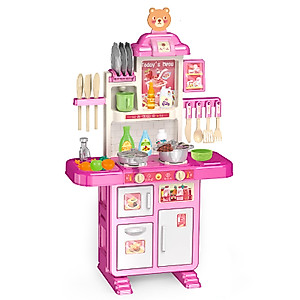 Play Kitchen Girls Toy, kids kitchen play set 3-5, 46Pcs toy kitchen Accessories for Boys and Girls, Kitchen Toys ages 4-8 with Realistic Lights & Sounds, Simulation of Spray and Play Sink