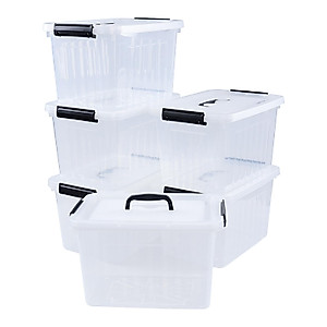 Sadstory 12 Quart Clear Latching Bin with Handle, Plastic Lidded Storage Box, 6 Packs