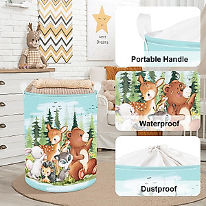 Clastyle 45L Large Blue Jungle Animal Fox Deer Kid Laundry Hamper with Handle Collapsible Rabbit Bear Hedgehog Clothes Toy Storage Basket with Lid for Nursery