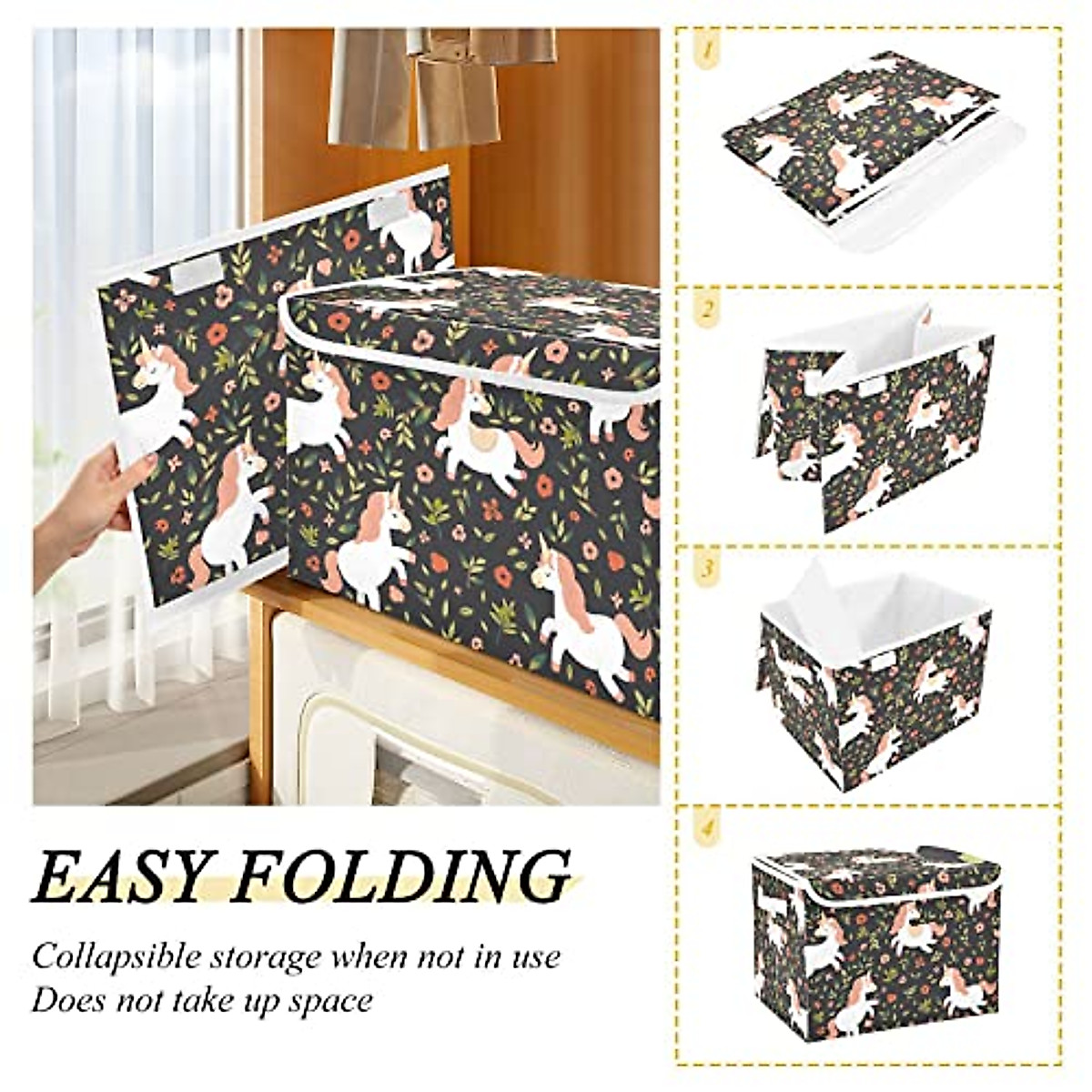 SUABO Cute White Unicorns Flowers Storage Bin with Lid Large Oxford Cloth Storage Boxes Foldable Home Cube Baskets Closet Organizers for Nursery Bedroom Office