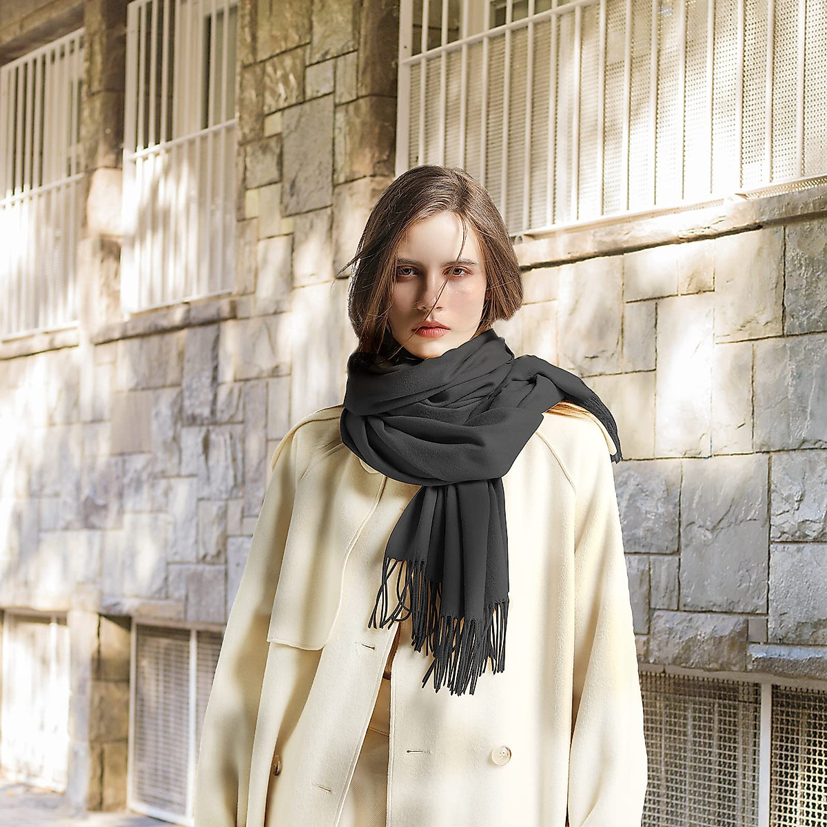 Anboor Super Soft Cashmere Blanket Scarf with Tassel Solid, Black, Size Large