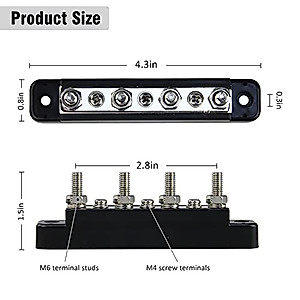 Bus Bar Battery Power Distribution Block, 4 X M6 Terminal Studs, 3 X M4 Terminal Screws, Battery Bus Bar for Car Marine Pickup Trailer RV Boat