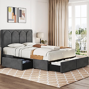 Yaheetech Queen Bed Frame Upholstered Platform Bed with 4 Drawers Storage and Adjustable Headboard,Arch Channel Tufted Headboard,Sturdy Wood Slat Support,No Box Spring Needed,Dark Gray Queen Bed