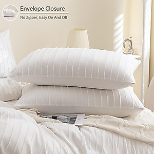 JELLYMONI White Duvet Cover Queen Size - 3PCS Microfiber Boho Striped Tufted Textured Duvet Cover with Corner Ties & Zipper Closure