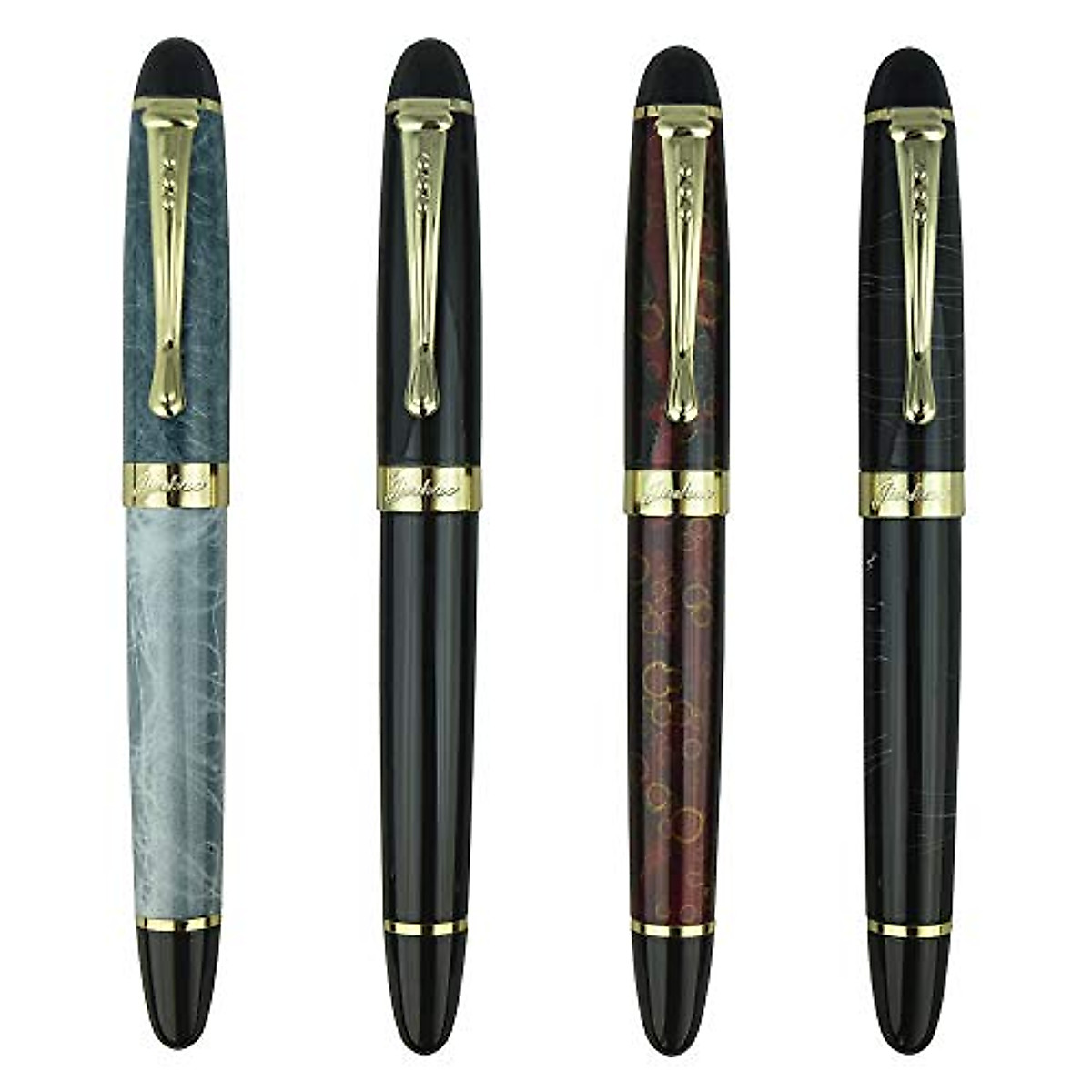Jinhao 4 PCS X450 Fountain Pen Set, 4 Colors (Blue, Black, Red, Ice Cracks), Medium Nib With Ink Converter, Golden Trim, Gift Case