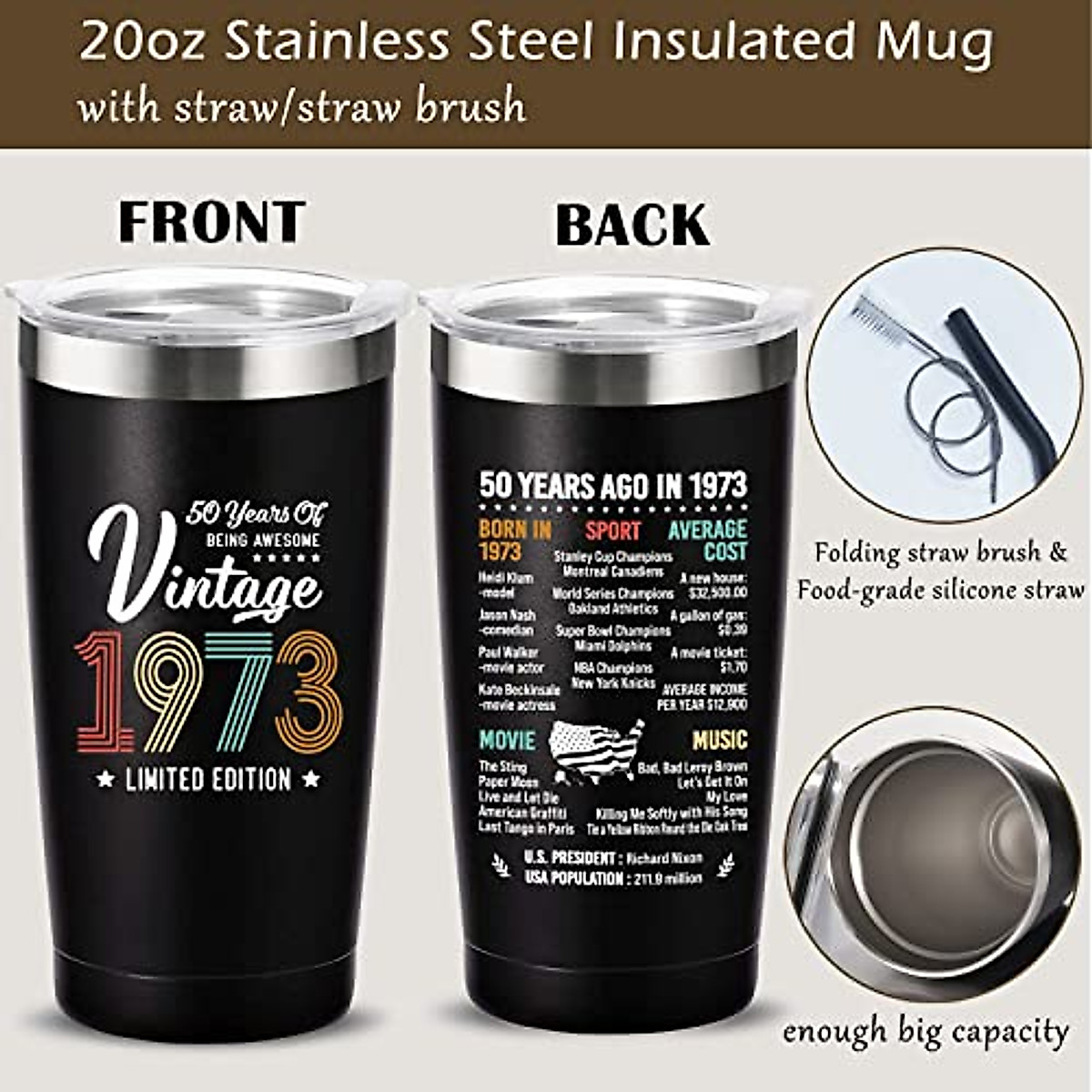 LEJIAJINW 50th Birthday Gifts for Women or Men, Turning 50 Year Old Birthday Gifts, 50s Birthday 50th Anniversary Decorations 50th Fiftieth Presents Tumbler Cup