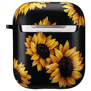Qokey Compatible with Airpods Case,Flower Floral Pattern Cute Case for Women Girls Soft Silicone Wireless Charging Case Chrome Keychain Portable & Shockproof Accessories Kit for AirPods 1/2 Sunflowers