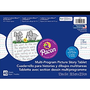 Pacon Handwriting Paper, D'Nealian Grades 1-3 / Zaner-Bloser Grade 2, 1/2" x 1/4" x 1/4" Ruled & 4-1/4" Picture Story Space 12" x 9", Ruled Long, 40 Sheets