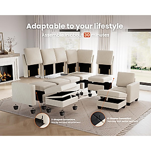 CHIC HOUSE Middle Module for Modular Couch, Corduroy Customizable Chaise, Storage Ottoman for Sectional Sofa, Armrest, Single/Double Seater