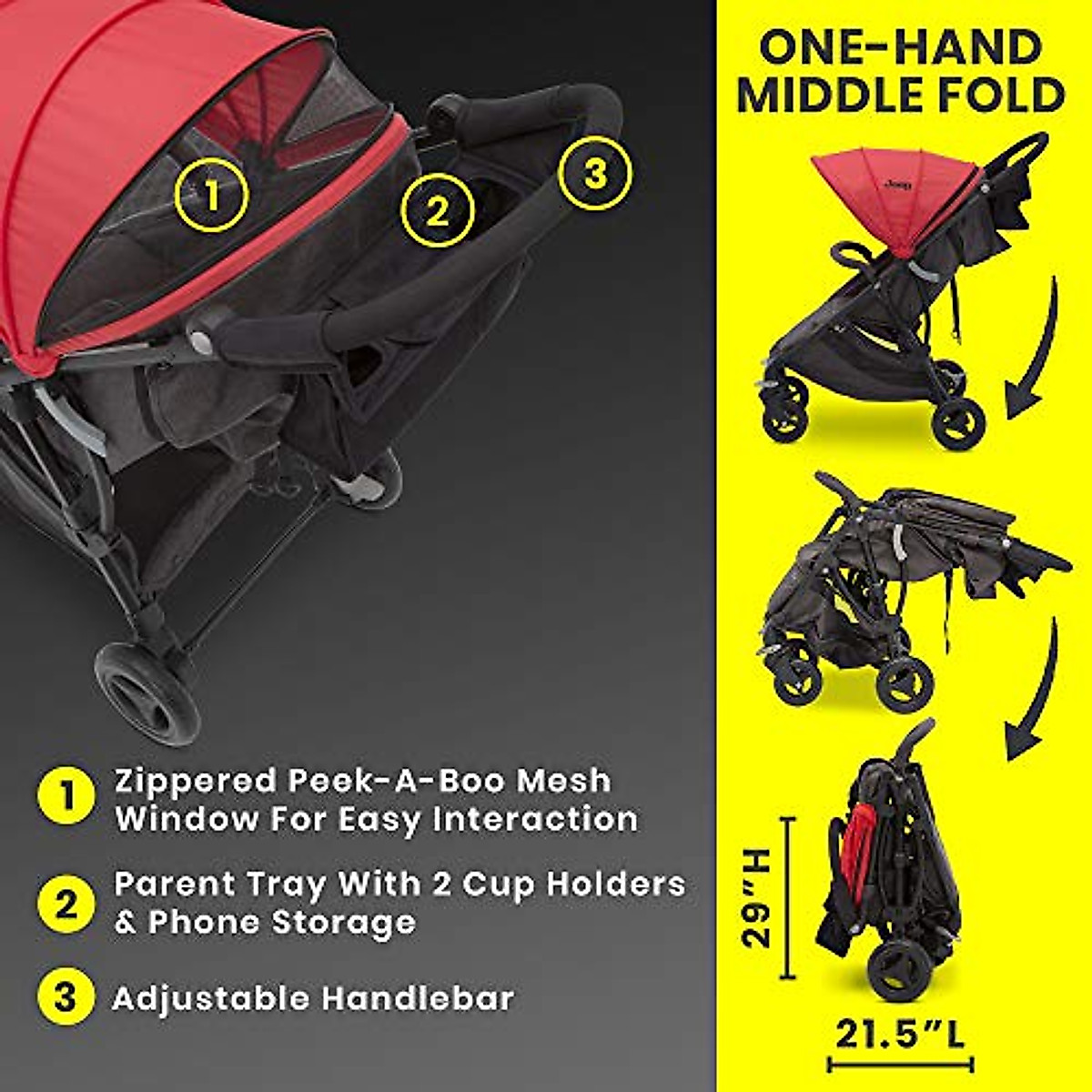 Jeep Gemini Stroller by Delta Children - Full of Features: Easy One-Hand Fold, Recline, Lightweight, Oversized Canopy, 2 Cup Holders, Shock Absorbing Frame, Grey Tweed with Red