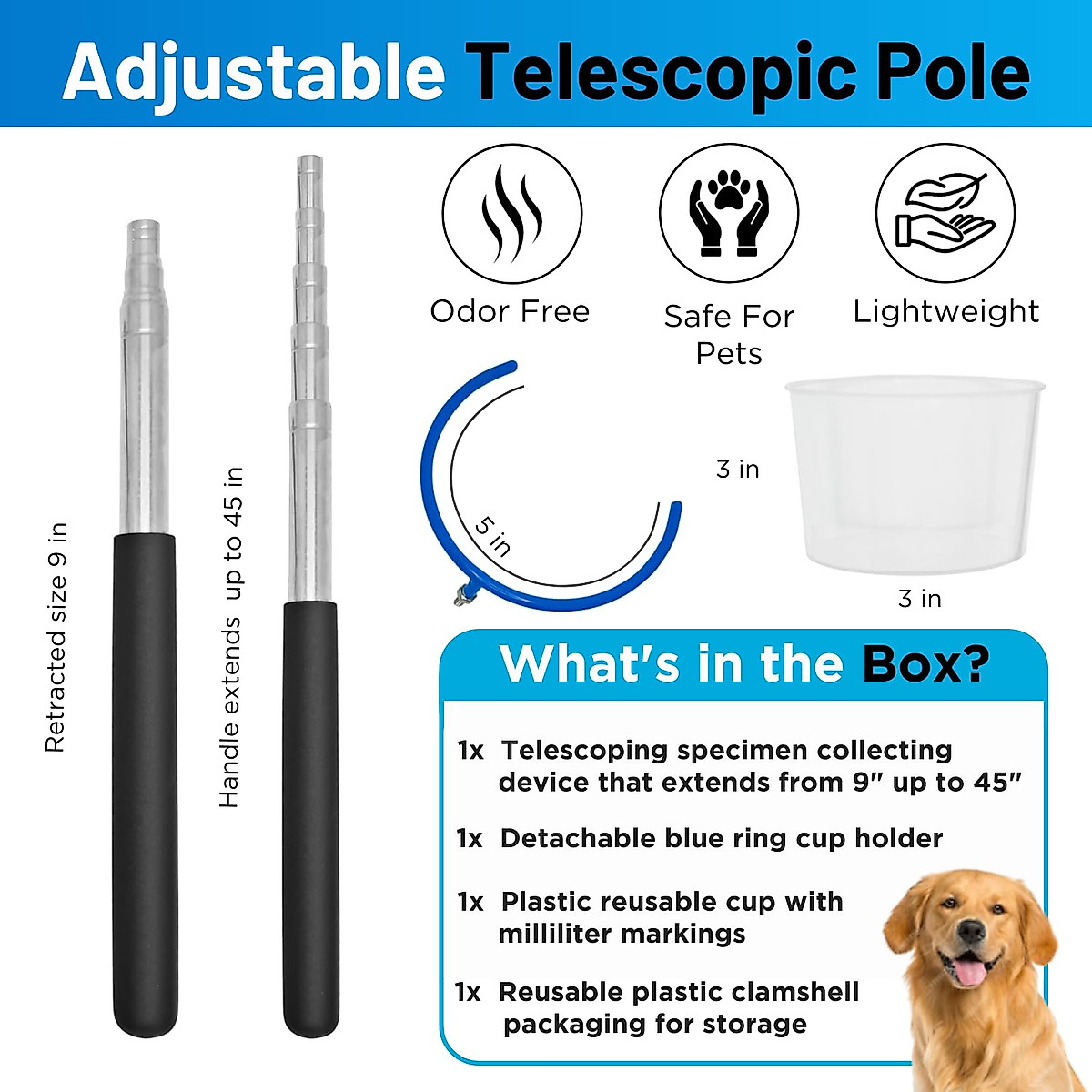 PetTest i-Catch Telescoping Dog Urine Catcher - 45-inch Extendable Dog Pee Stick Collector and Telescopic Pole Handle for Small and Large Breeds - Includes a Reusable Cup with Milliliter Markings