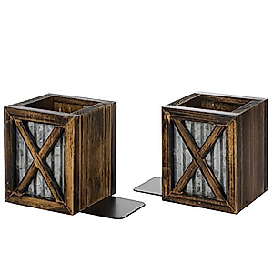 MyGift Rustic Burnt Wood Decorative Bookends, Wooden and Galvanized Metal Desktop Book Stands with Pen Holder Pencil Cup Stationery Storage Bins, 1 Pair