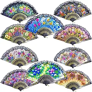 Grosun 10 Pieces Spanish Floral Folding Hand Fan Lace Fans Vintage Fans Fabric Folding Handheld Hand Fan, Random Color