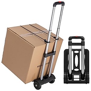 JOYTUTUS Folding Hand Truck, Lightweight Dolly Cart, Aluminum Tube Frame Adjustable Handle Luggage Cart with 2 Large Rear Wheels, 2 Lashing Straps for Moving