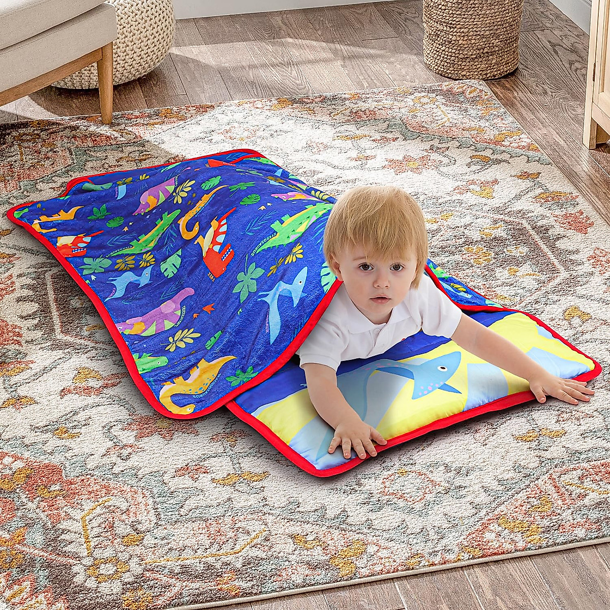 TANOSHII Kids Nap Mat Set 53”x21” – Includes Pillow and Fleece Blanket – Daycare and Preschool Must Haves for Toddlers – Dinosaur Pattern