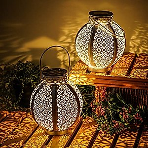 DUSVALLY Solar Lantern Hanging Waterproof Solar Lights for Patio, Backyard & Tree, 2 Pack Garden Decoration Lantern Light with Hollow-Out Retro Design, 7"H, White