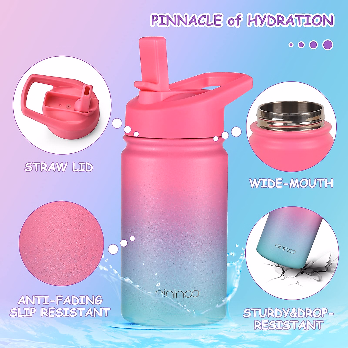 Mininoo Insulated Kids Water Bottle, 12 oz Stainless Steel Water Bottle Kids with Straw Lid and Chug Lid for Girls, Boys (Punch/Green)