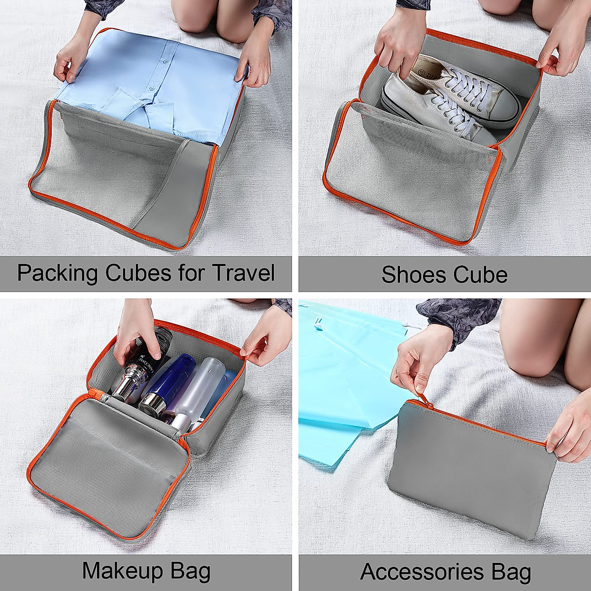 DIMJ Packing Cubes for Travel, Travel Cubes for Packing, Luggage Packing Cubes with Shoe Bag, 10 Pack Mesh Packing Cubes for Suitcases, Travel Cubes with Cosmetics Toiletries Bag (Grey)