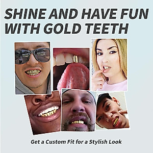 YAFIYGI 4 Pieces Gold Plated Gold Tooth Cap- Hip Hop Teeth Accessories - Plain Single Tooth Cap for Teeth Mouth - Realistic Fake Teeth Grills for Party - Open Face Front Tooth Caps