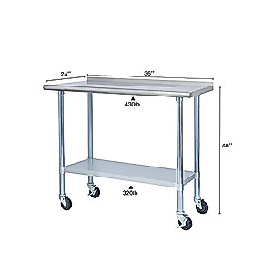EASE-WAY Stainless Steel Metal Table NSF for Commercial Kitchen Prep Table, 24 x 36 Inches Worktable with Backsplash, Adjustable Under Shelf and Caster Wheel for Industrial Restaurant, Home and Garage