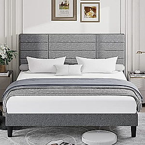 Sunrise Coast Bed Frame King Size Upholstered Platform Beds with Headboard Linen Fabric Wood Slat Support + Iron Frame, Mattress Foundation, No Box Spring Needed, Light Grey