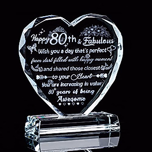 80th Birthday Gifts for Women Mom, Happy 80 Years Old Gifts Ideas for Female Grandma, Glass Love Heart Engraved Keepsake Presents for Her Wife