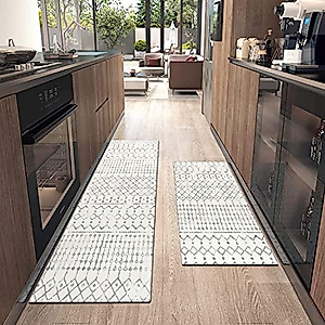Xsinufn Boho Kitchen Mat Set of 2,Modern Farmhouse Kitchen Rugs and Mats Non Skid Washable,Moroccan Boho Runner Rugs with Rubber Backing for Kitchen Decor Accessories (Grey/Off-White 17"x47"+17"x30")