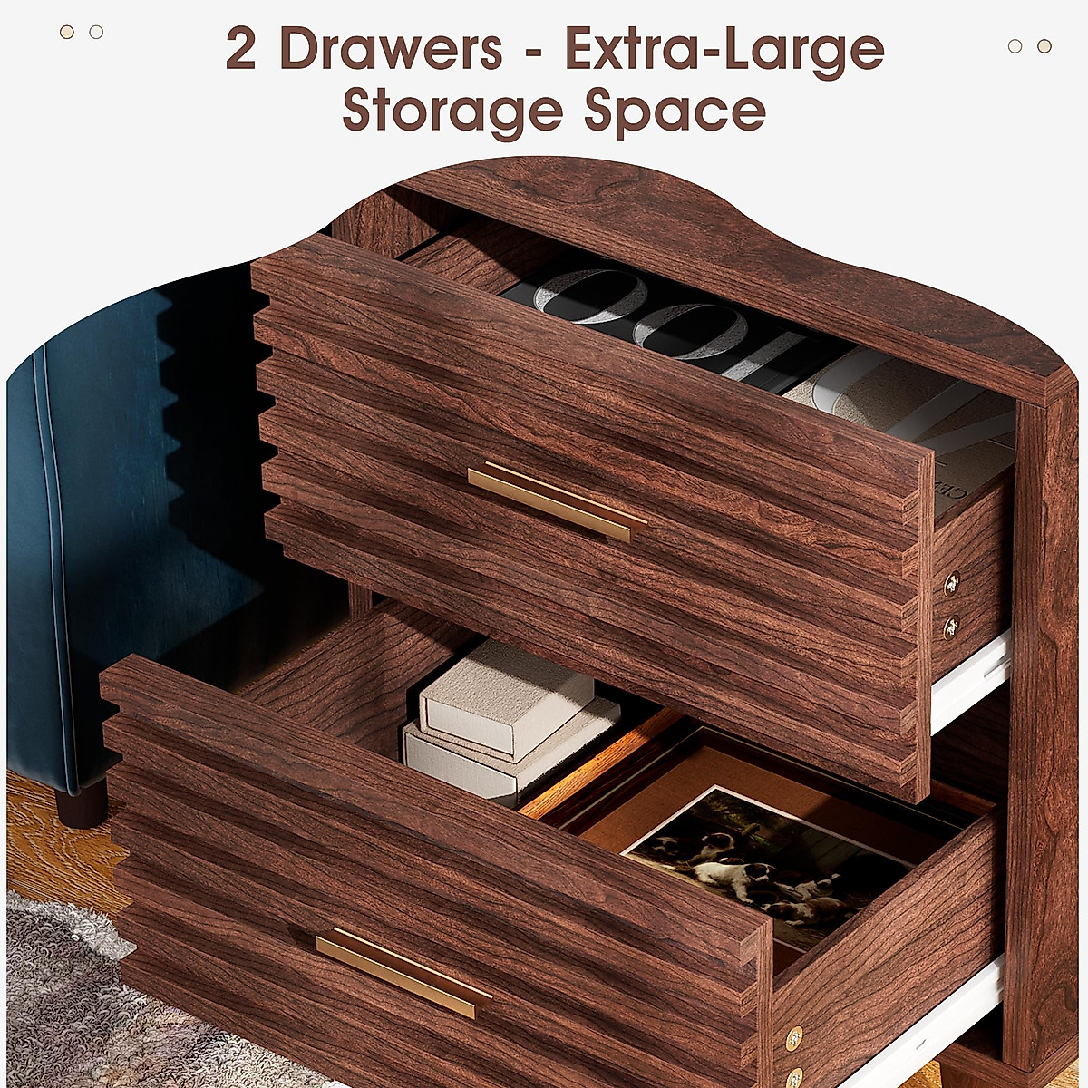 Night Stand with Charging Station Set of 2, Side Table with 2 Drawers, Mid Century Modern End Table with Storage, Bedside Table with USB Ports and Outlets, Nightstand for Bedroom, Brown 2PCS