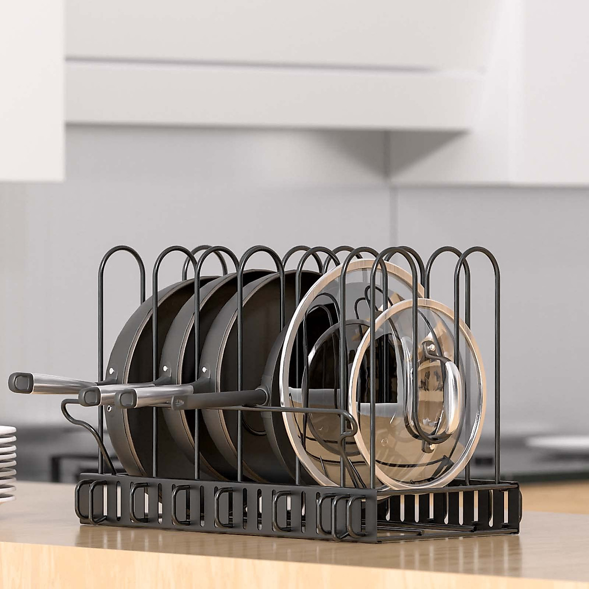 Vdomus Pan Organizer with Pot lid Holder Handle Bracket Design, Black Metal Kitchen Pot and pan organizer rack for cabinet or Counter, pot organizer with 7 adjustable dividers