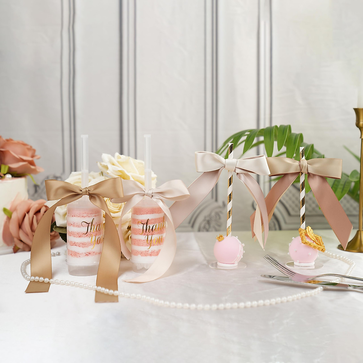 DINDOSAL Champagne Ribbon 1 Inch Satin Ribbon 6 Rolls Assortment Pale Gold Ribbon for Wedding Silk Antique Gold Ribbon for Wedding Ribbon for Gift Wrapping Hair Bows Crafts Bouquet - 60Yards