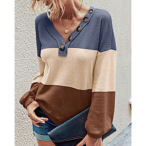 BTFBM Women Long Sleeve Shirts 2024 Fall Fashion V Neck Loose Casual Blouse Deco Button Lightweight Waffle Knit Pullover(Stripe Blue, Medium)
