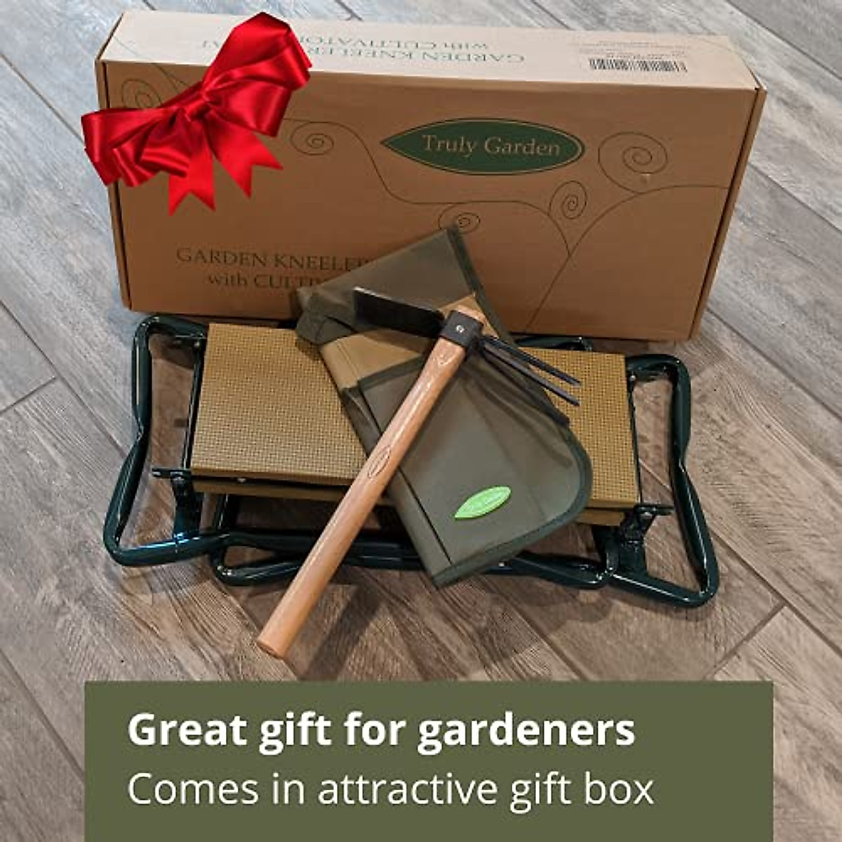 Truly Garden Upgraded Foldable Garden Kneeler and Seat - Includes Cultivator Hoe Garden Tool and Two Tool Pouches. Lightweight and Heavy Duty with Comfortable EVA Foam Pad