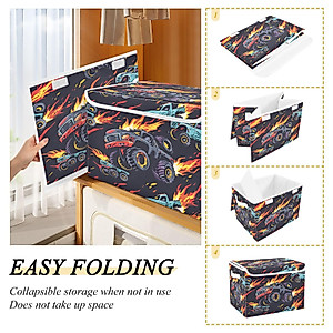 DALAWU Containers Baskets with Lids Monster Truck Running Fabric Foldable Storage Bins Organizer with Lid Collapsible Storage Boxes for Home Bedroom Closet Office