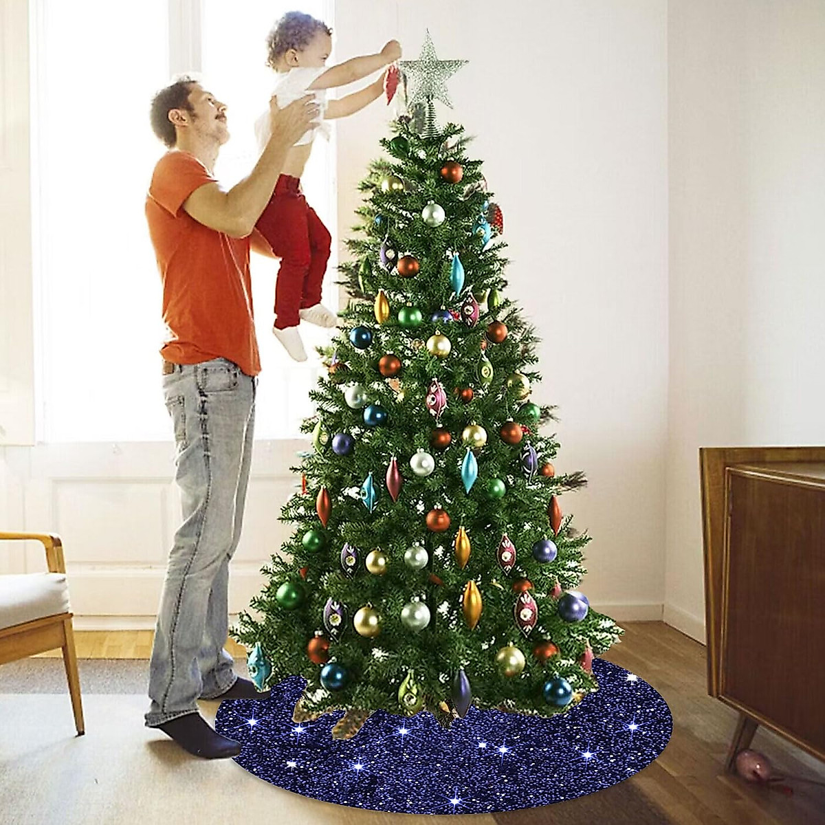 Navy Blue Sparkly Sequin Tree Skirt 36 Inches Christmas Ring Glitter Collar Blanket for Halloween 6ft Tree Navy Xmas Velvet Skirt for Home Festival Decoration