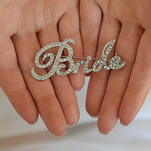 Mariell Rhinestone Crystal Bride Word Brooch Pin in Script Lettering, Bachelorette & Bridal Shower Gift