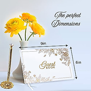 B&F Guest Book for Wedding, Guest Book Wedding Reception with Gold Diamond Crystal Pen with Holder, 9" x 6" White Polaroid Guest Book with 60 Sheets (120 Pages)