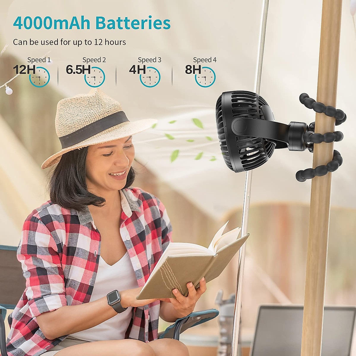 SMARTDEVIL Portable Stroller Fan, 4000mAh Small Battery Operated Baby Fan, 4 Speeds Car Seat Fan with Flexible Tripod, Dual 360° Rotatable, for Peloton Bike, Crib, Treadmill, Travel (Black)