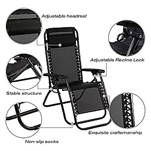 HCB Zero Gravity Chair Patio Folding Lawn Lounge Chairs Outdoor Lounge Gravity Chair Camp Reclining Lounge Chair with Pillows for Vacation (Black)