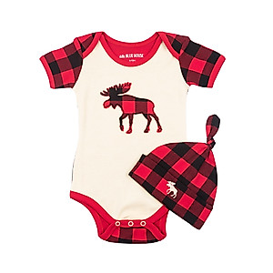 Little Blue House unisex-baby Bodysuit with Hat, Plaid Moose, 3-6 Months