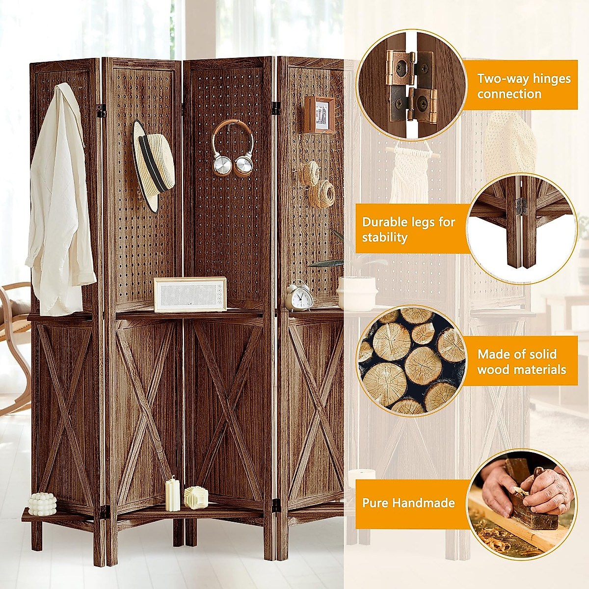 ALeesing 6 Panel Pegboard Display with 24 Hooks, Wooden Pegboard Room Divider Wall with Shelf, Rustic Room Dividers and Folding Privacy Screens, Bedroom, Jewelry Store, Brown