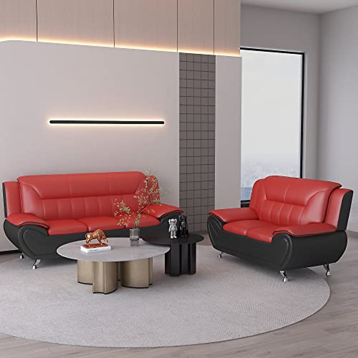 Container Furniture Direct Modern Style Faux Leather Sofa with Extra Comfortable Pillow Top Armrests Ideal for Living Room, Bedroom or Home Office Couch, 79.2’’ Wide, red/Black