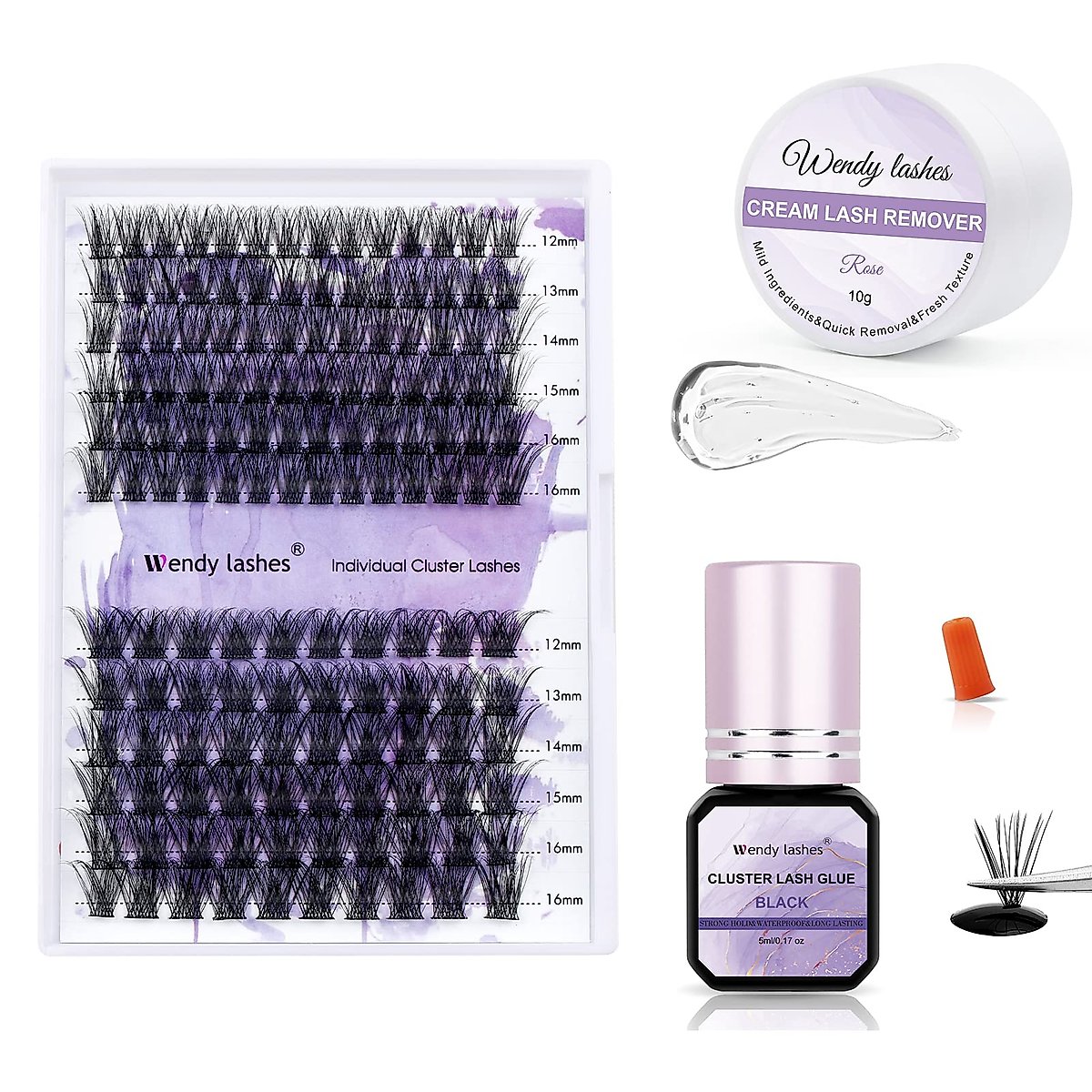 2 Style DIY Lash Clusters C/D Curl Soft and Wispy Cluster Lashes and Cluster Lash Glue Black Waterproof Long Lasting Lash Glue and Lash Remover Rose Low Irritation for Lash extensions/Lash Clusters