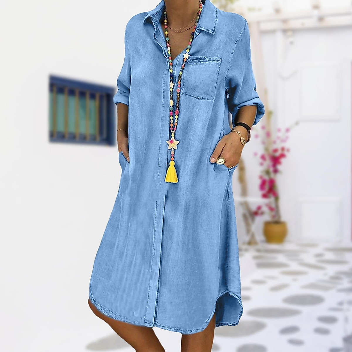 JUXINPIJU Denim Dress for Women with Pockets Short Sleeve Loose Babydoll Denim Shirt Dresses for Women