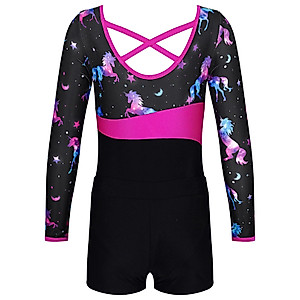 Moily Girls Kids Digital Printed U Neck Gymnastics Leotard with Shorts Athletic Biketard Ballet Dancewear Night Pegasus 8 Years