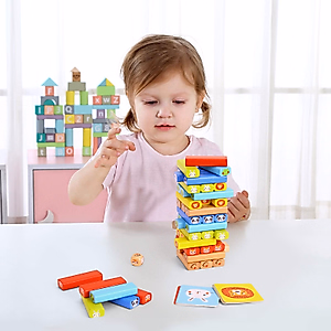TOOKYLAND Colored Wooden Blocks Stacking Board Games Tumble Tower Games with Animal Pictures for Kids Boys Girls - 80 Pieces