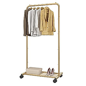 Simple Trending Standard Clothes Garment Rack, Clothing Rolling Rack with Mesh Storage Shelf on Wheels, Golden Yellow