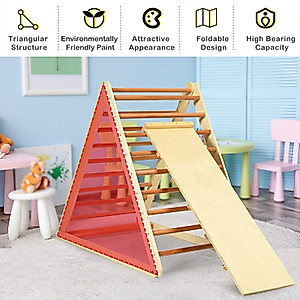 HONEY JOY Triangle Climber with Ramp, 2-in-1 Indoor Toddler Climbing Triangle Set with Ladder & Slide, Foldable Wooden Kids Climbing Toys for Playground, Gym & Daycare, Gift for Boys Girls (Natural)